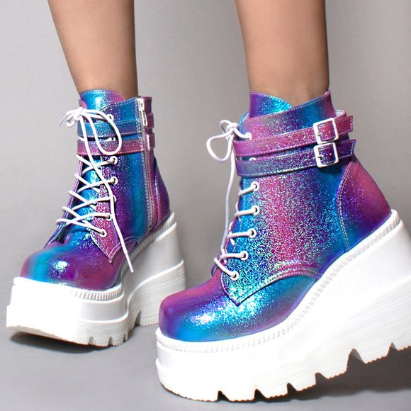 Demonia | Shoes | Shaker Metallic Iridescent Platform Boots In Pink ...